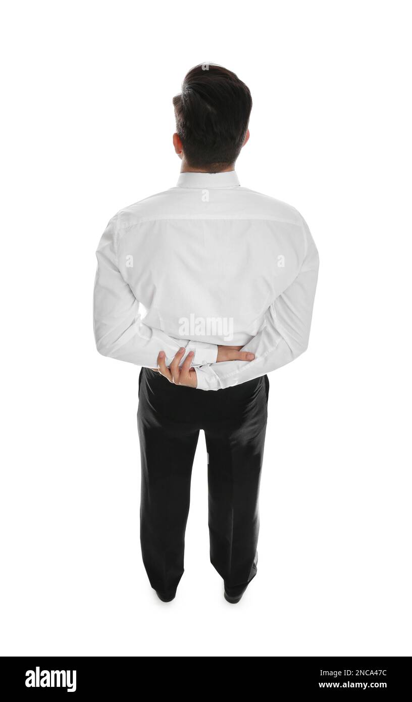 Businessman in formal clothes on white background, back view Stock ...