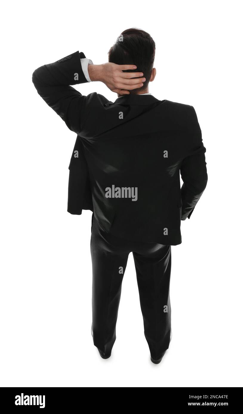 Businessman in formal suit on white background, back view Stock Photo ...