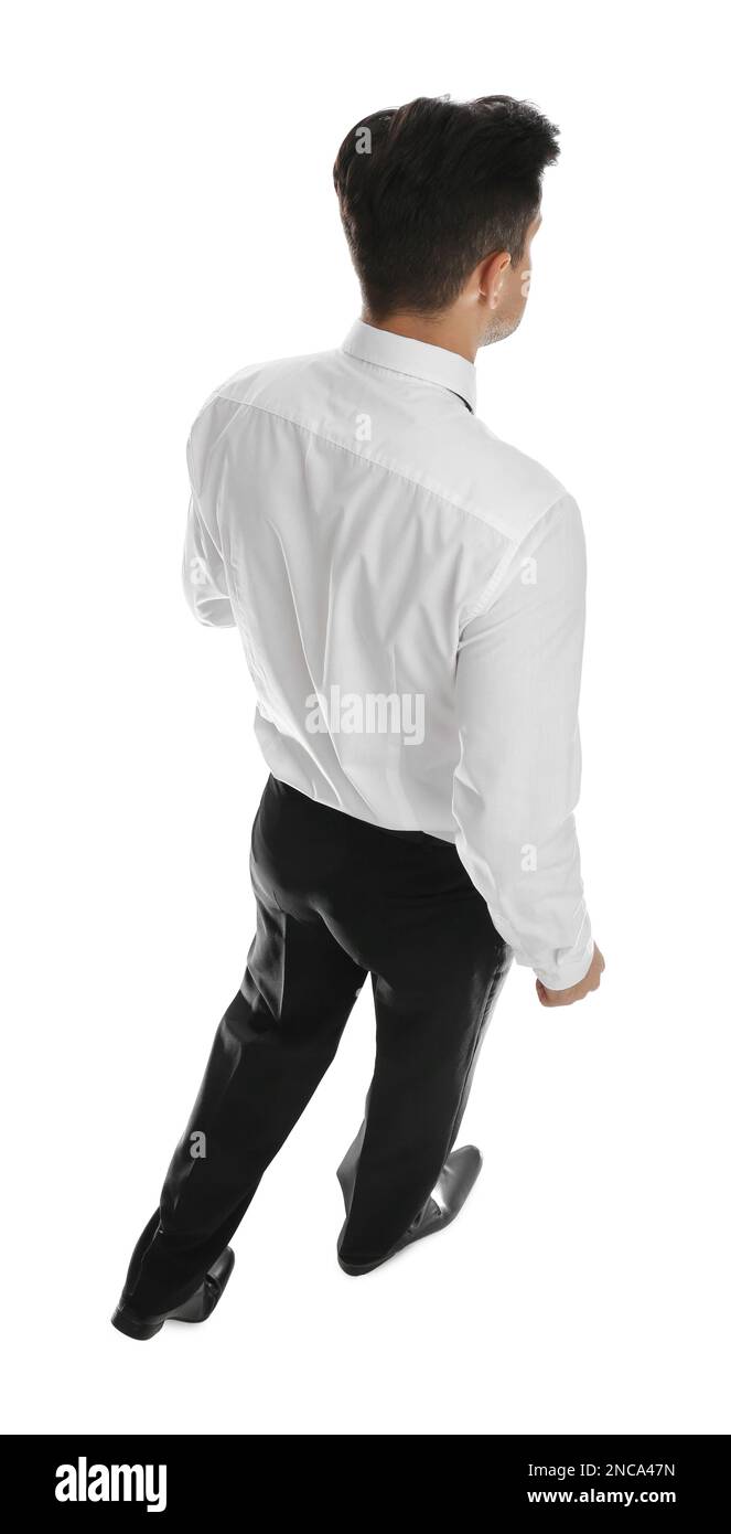 Businessman in formal clothes on white background, back view Stock ...