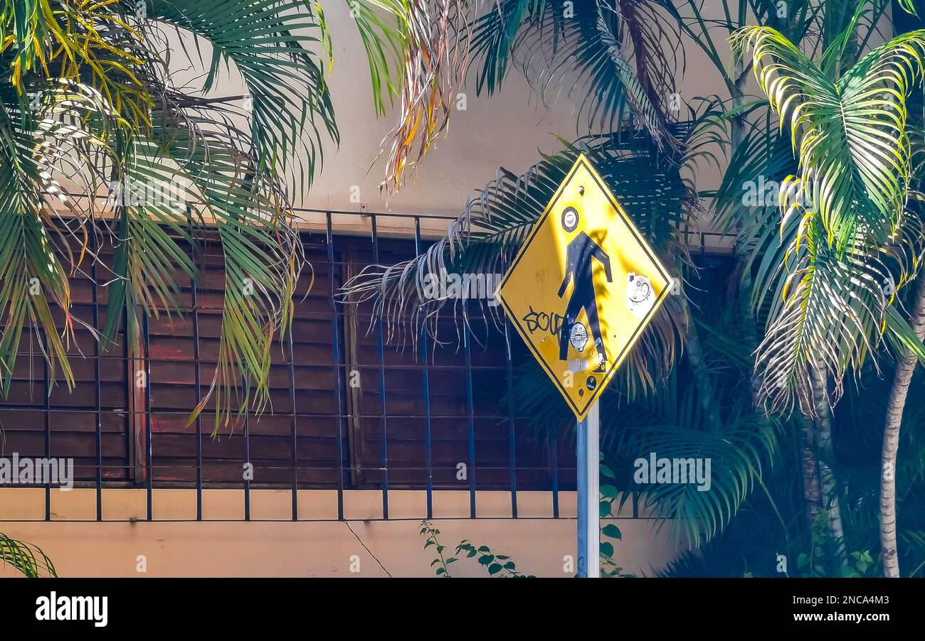 Yellow pedestrian sign street sign in Playa del Carmen Quintana Roo ...