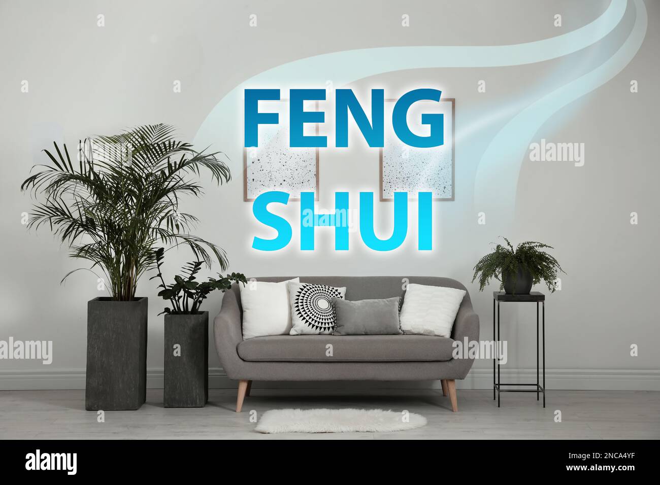 Stylish living room interior with modern sofa and plants. Feng Shui ...