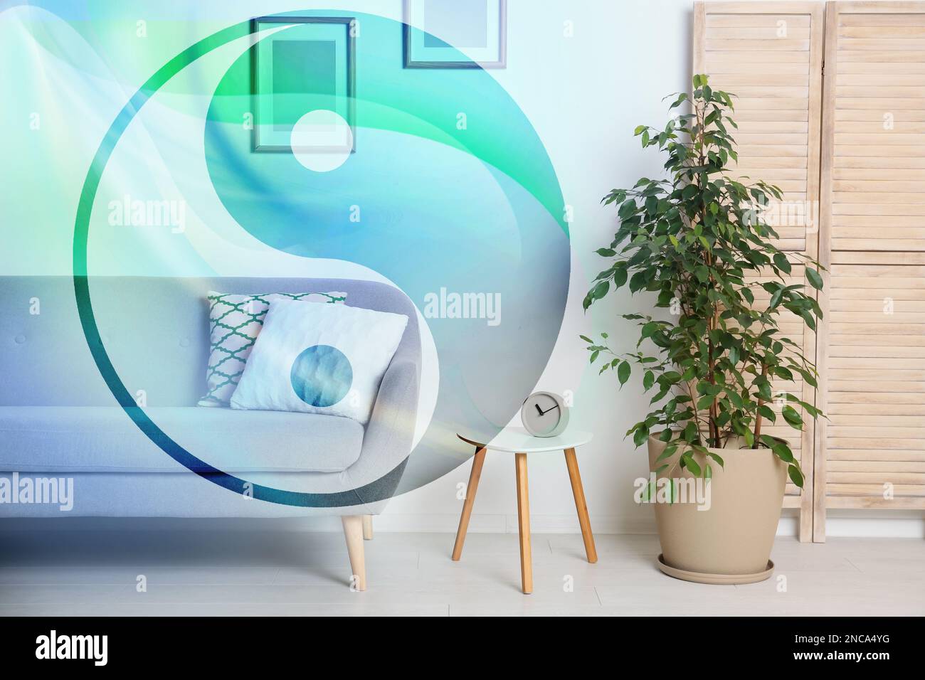 Stylish living room interior and Yin Yang symbol. Feng Shui philosophy ...