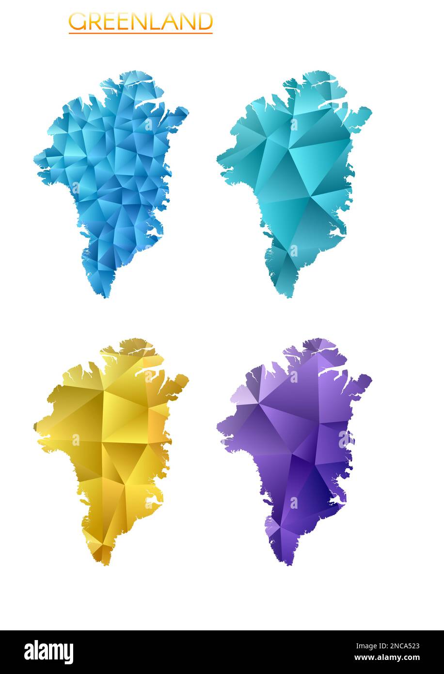 Set of vector polygonal maps of Greenland. Bright gradient map of country in low poly style ...