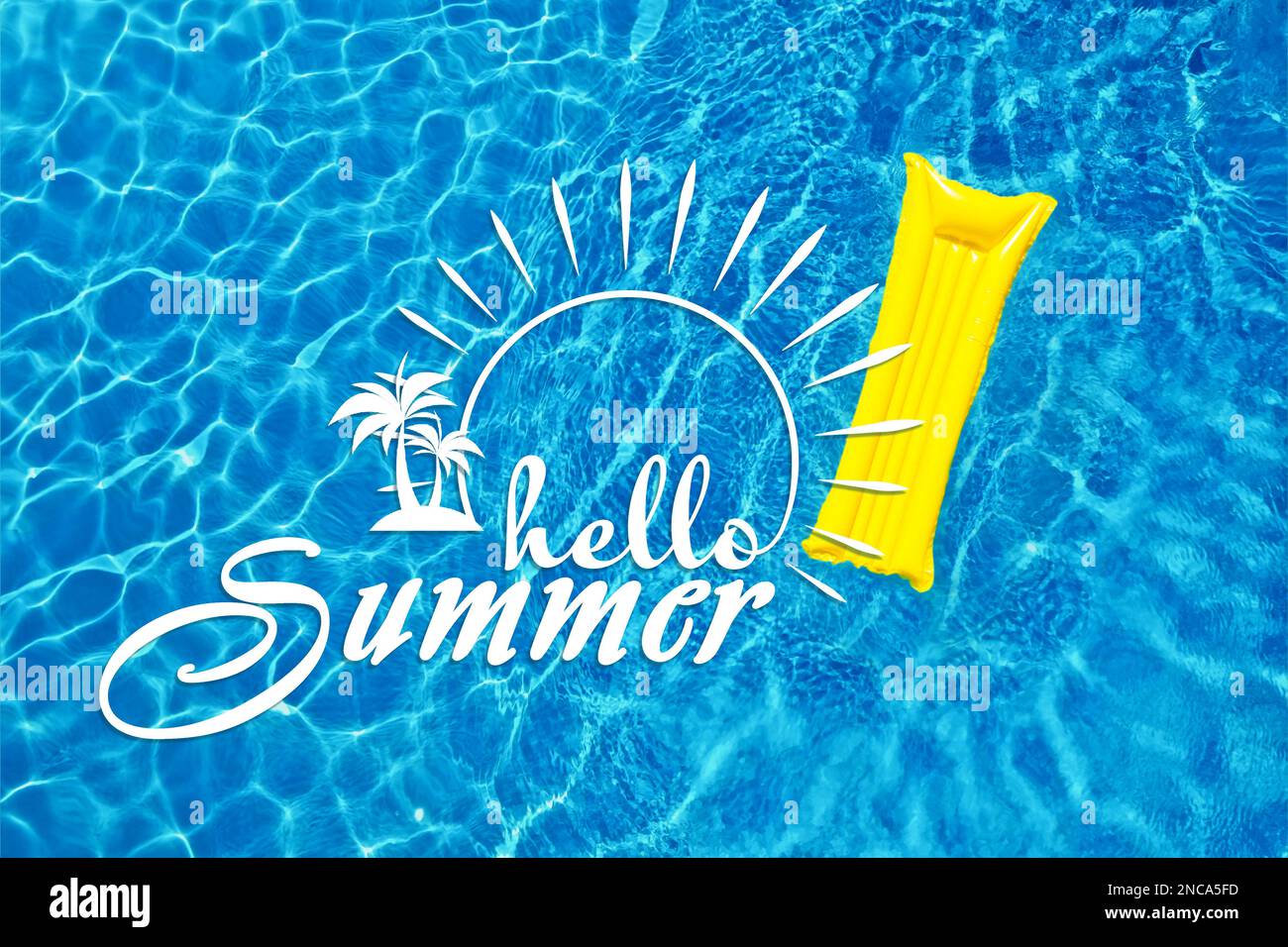 Hello Summer. Swimming pool with inflatable mattress, top view Stock ...