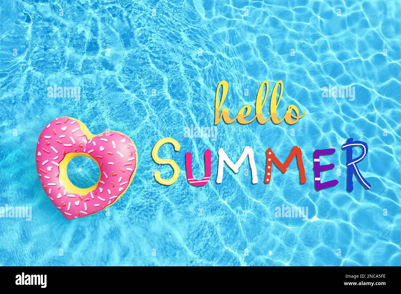 Hello Summer. Swimming pool with inflatable ring, top view Stock Photo ...
