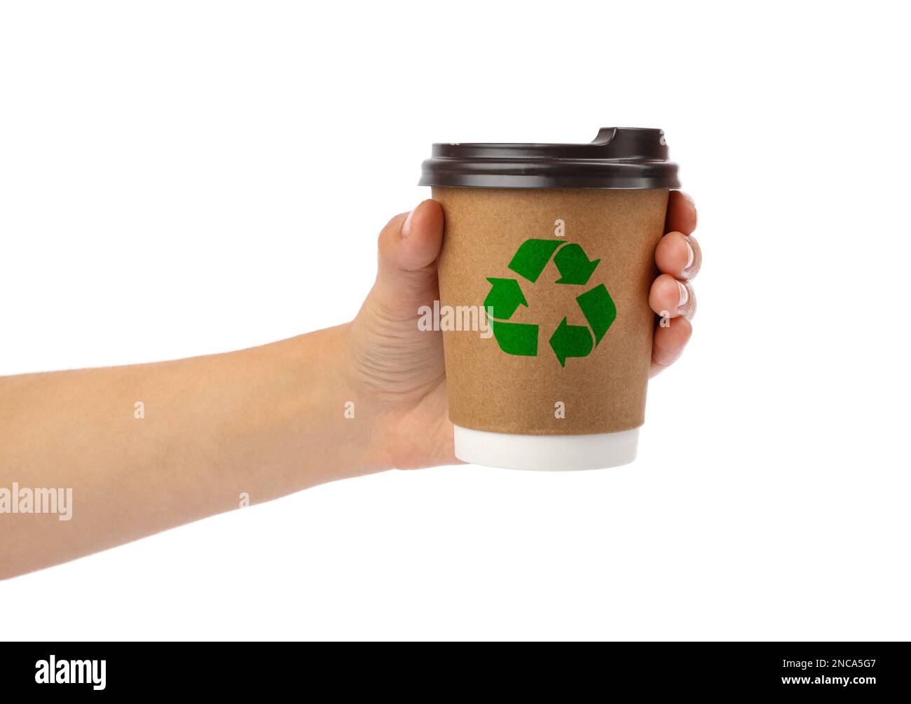 Woman holding takeaway paper coffee cup with recycling symbol on white ...