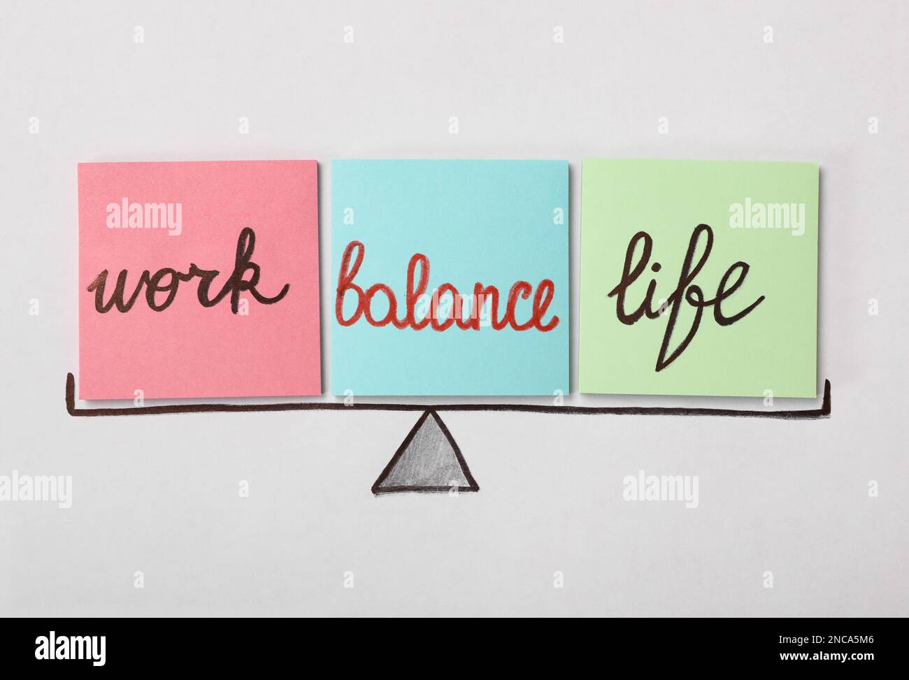 Scales image with sticky notes on white background, flat lay. Life and ...