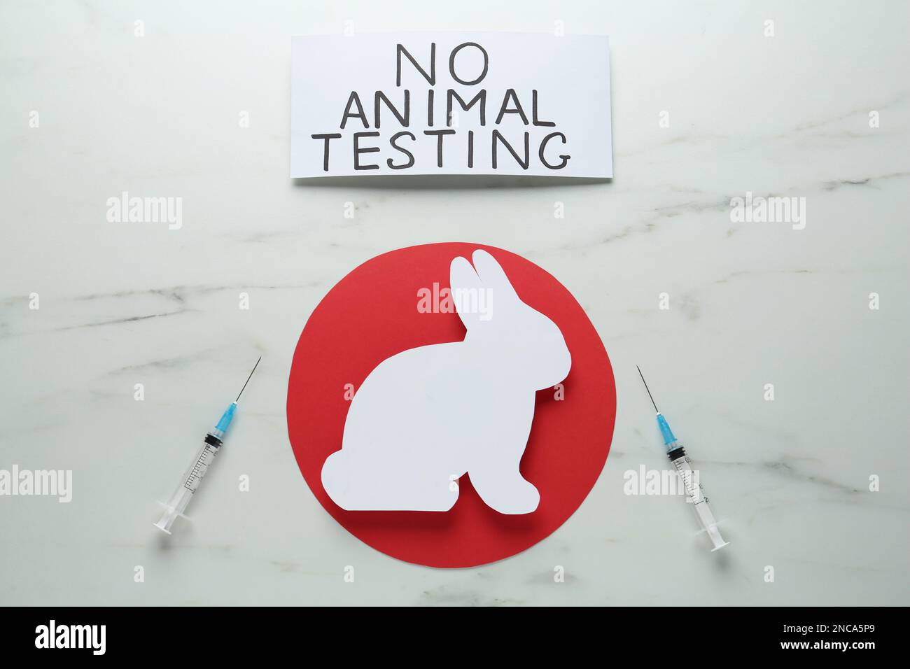 Card with text No Animal Testing and figure of rabbit on white marble ...