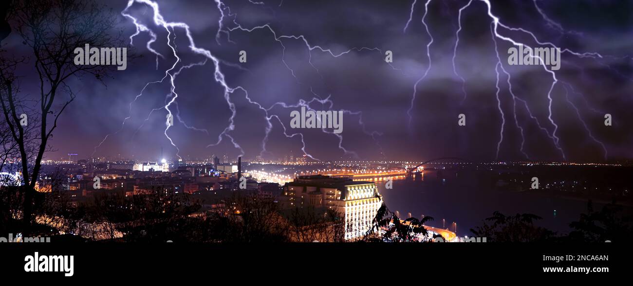 Dark cloudy sky with lightning over city, banner design. Stormy weather ...