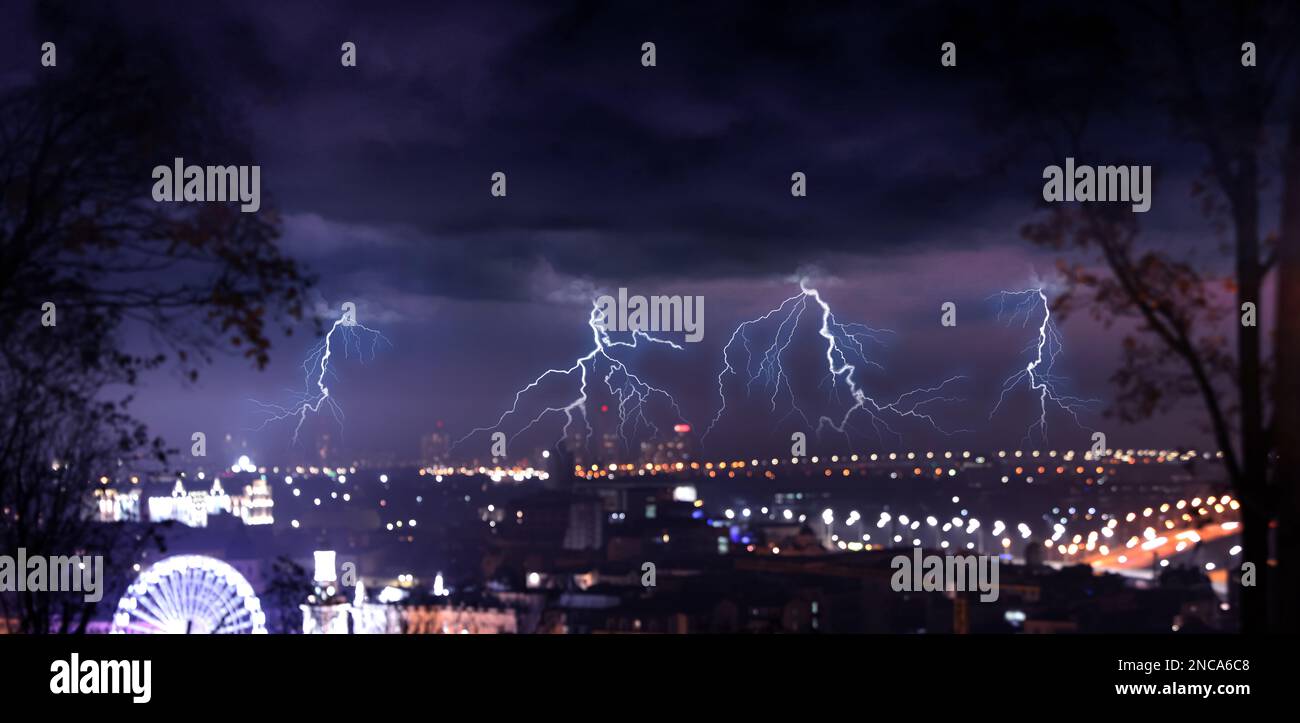 Dark cloudy sky with lightning over city, banner design. Stormy weather ...