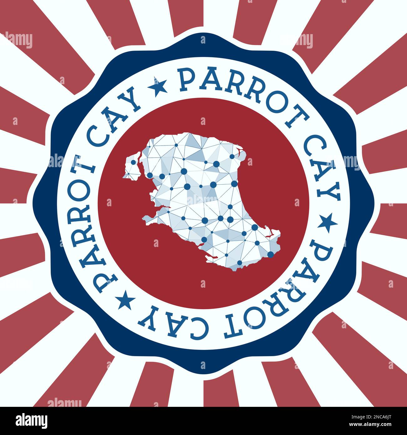 Parrot Cay Badge. Round logo of island with triangular mesh map and radial rays. EPS10 Vector ...