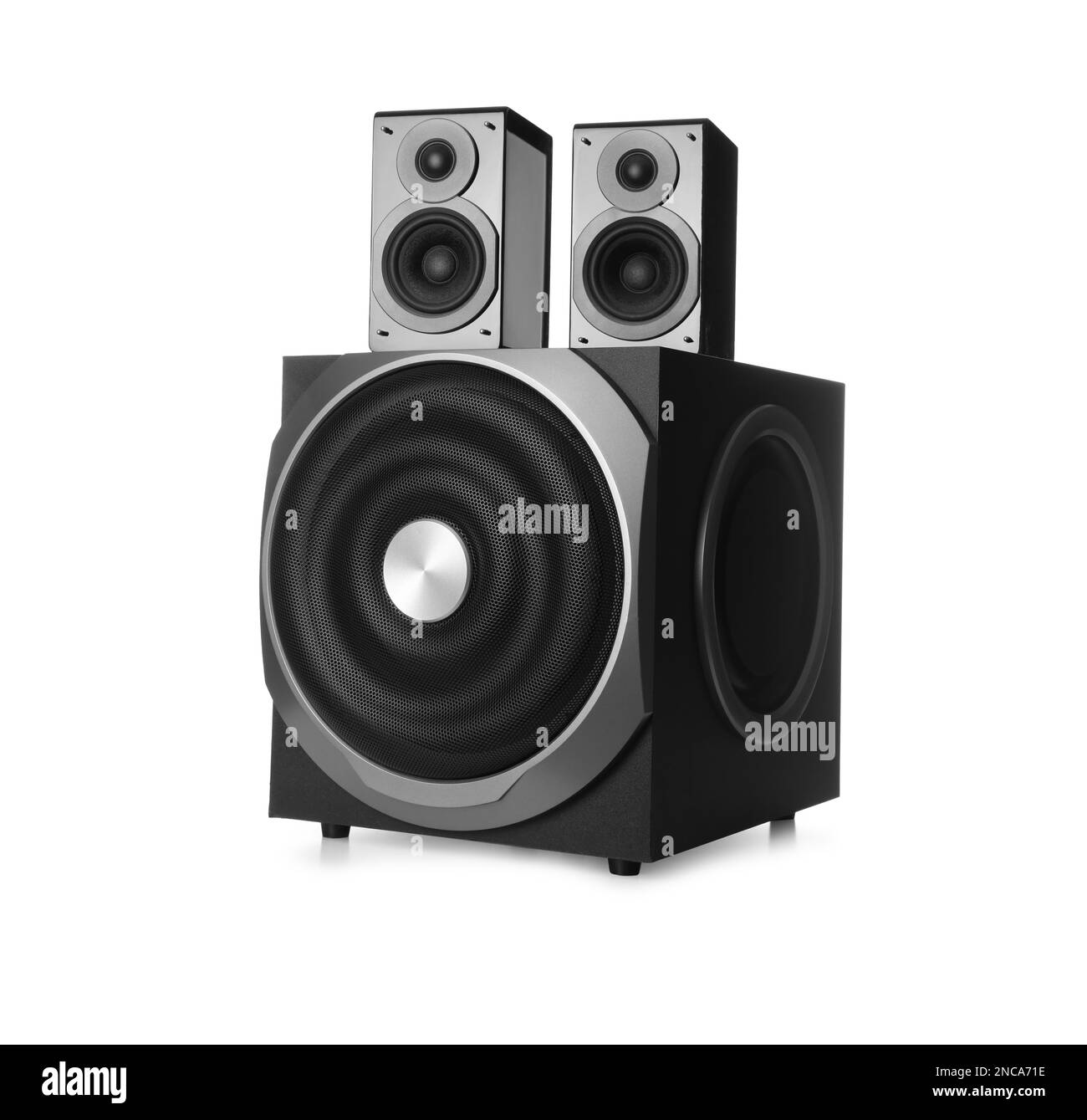 Modern powerful audio speaker system on white background Stock Photo ...