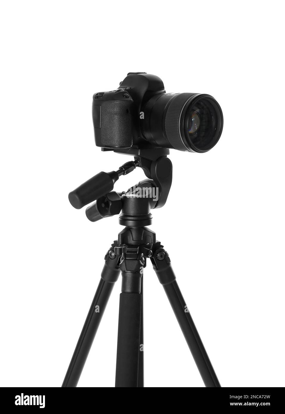 Modern tripod with camera isolated on white Stock Photo - Alamy