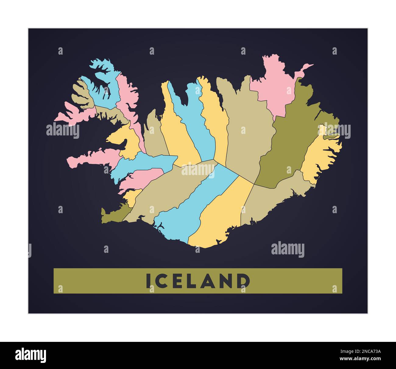 Iceland map. Country poster with regions. Shape of Iceland with country ...