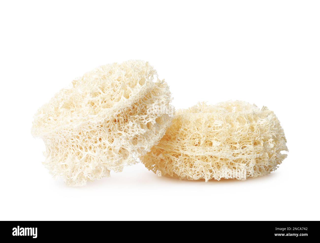 Natural shower loofah sponges on white background Stock Photo - Alamy