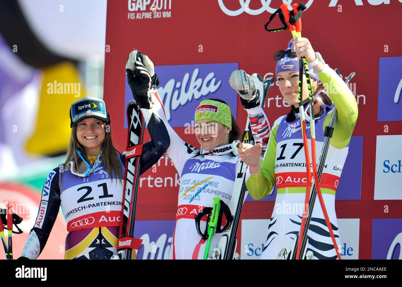 Elisabeth Goergl, of Austria, center, winner of the women's super-G ...