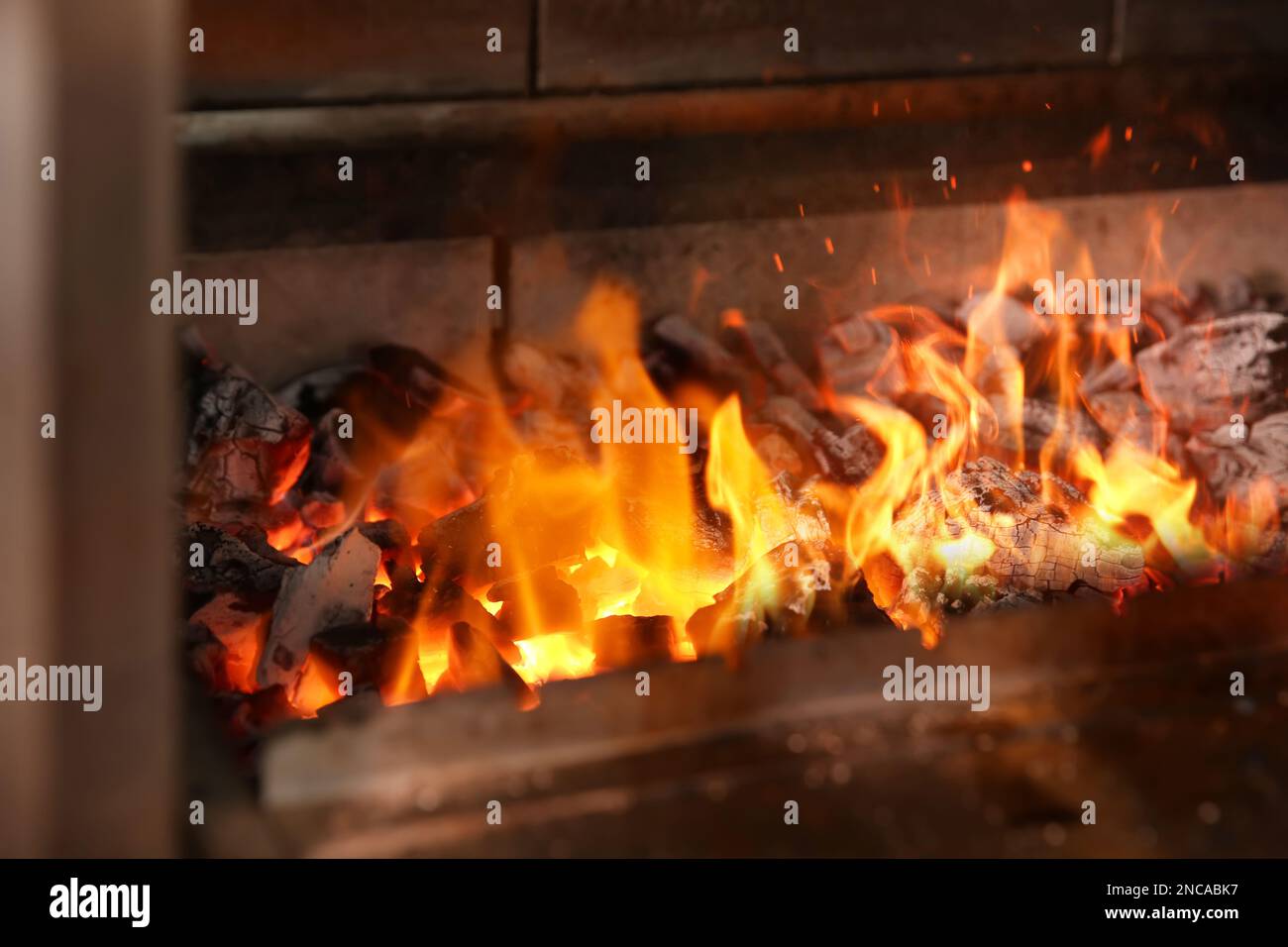Oven with burning firewood in restaurant kitchen, closeup view Stock ...