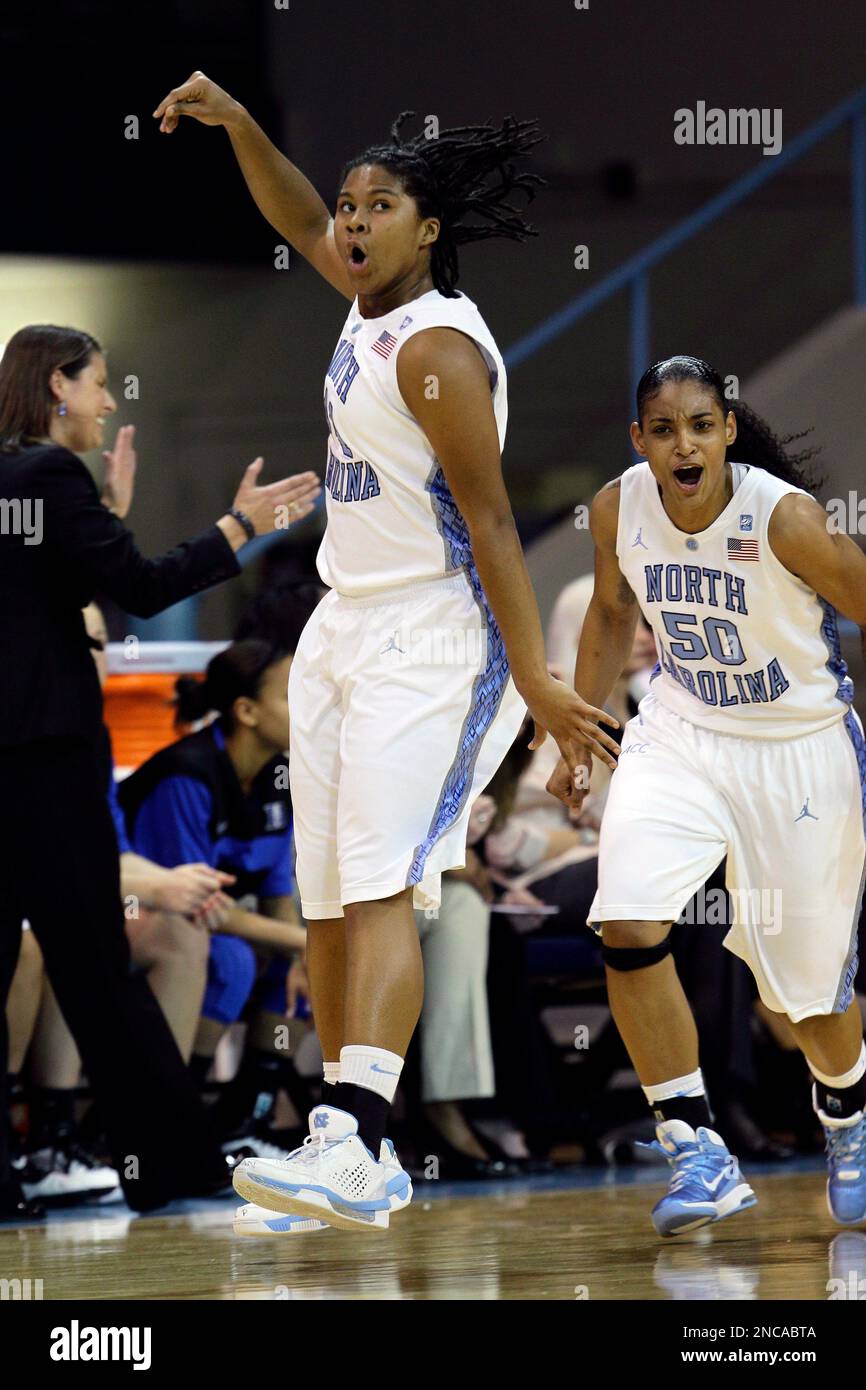 North Carolina's Tierra Ruffin-Pratt and Italee Lucas (50) react during ...