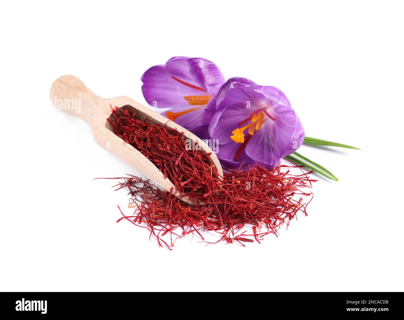 Dried saffron, wooden scoop and crocus flowers on white background ...