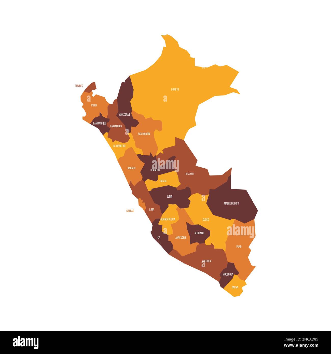 Peru political map of administrative divisions - departments. Flat vector map with name labels ...