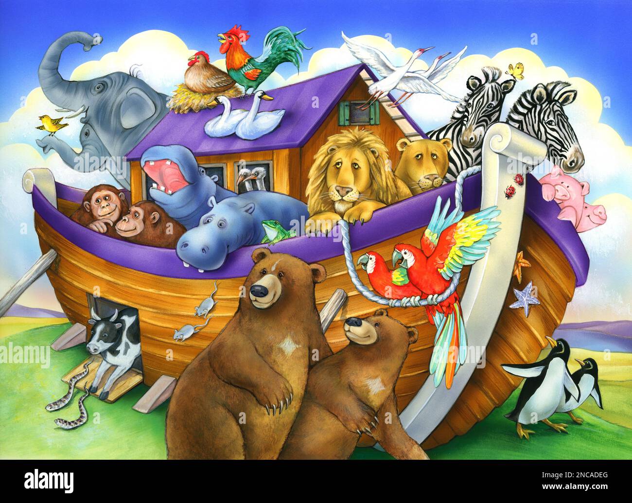 Noahs Ark with filled with pairs of various animals artwork Stock Photo - Alamy