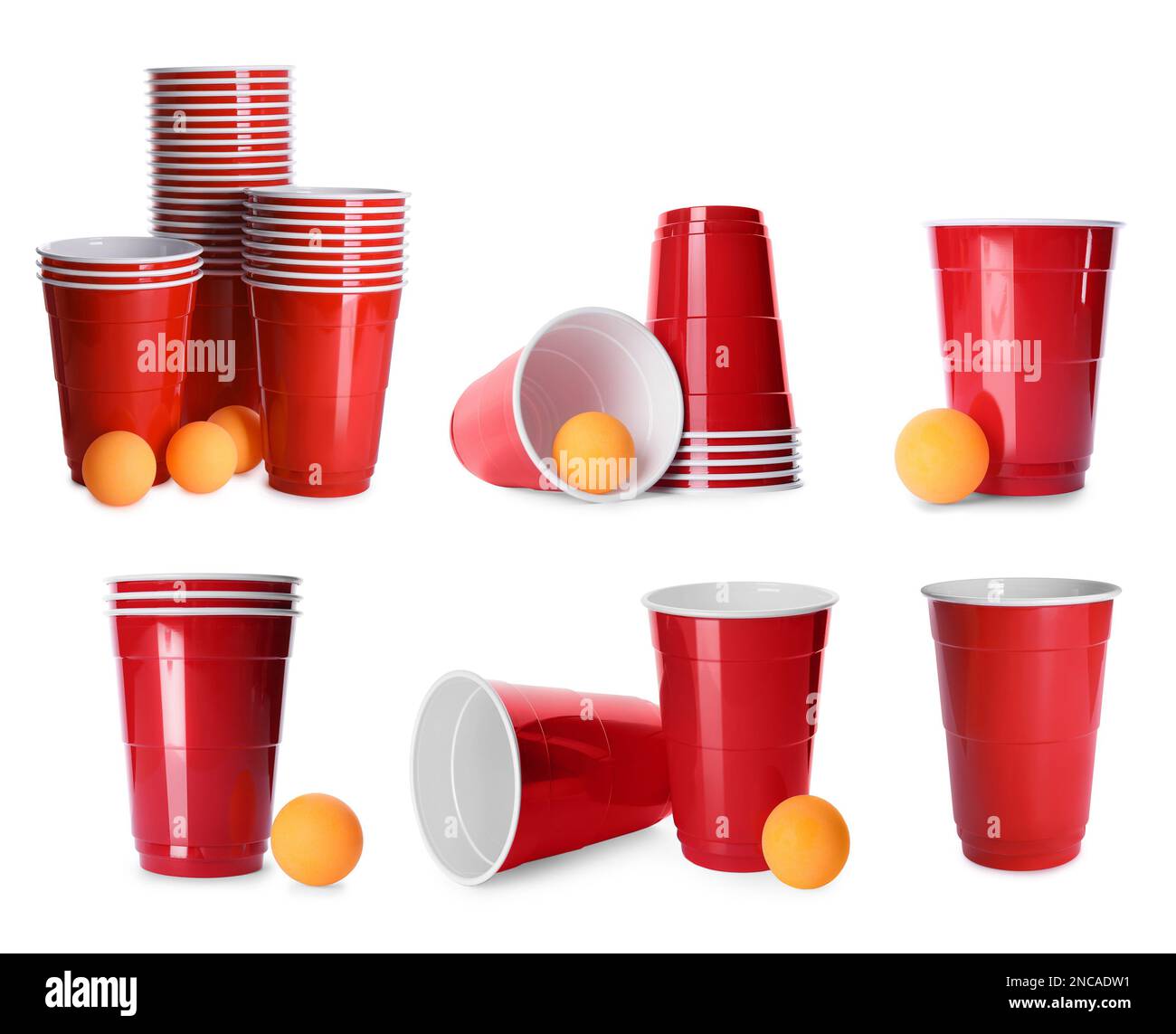 Beer Pong Set With Red Plastic Cups And Balls On White Background
