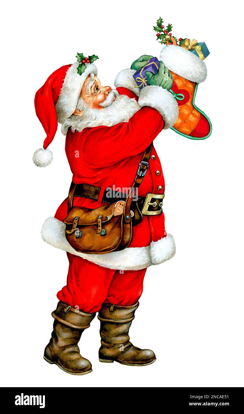 Santa reaching to fill Christmas stocking with presents on white Stock ...