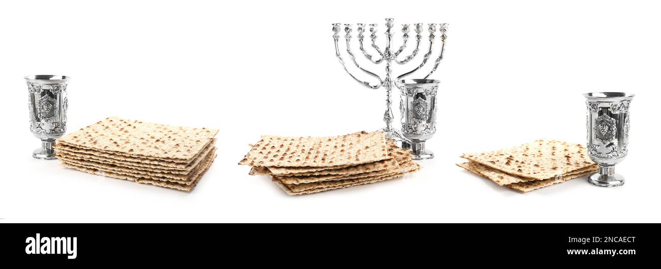 Set with Passover matzos, wine and menorah on white background, banner ...