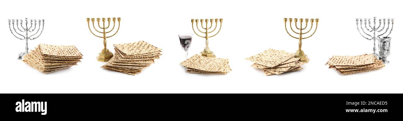 Set with Passover matzos, wine and menorahs on white background, banner ...