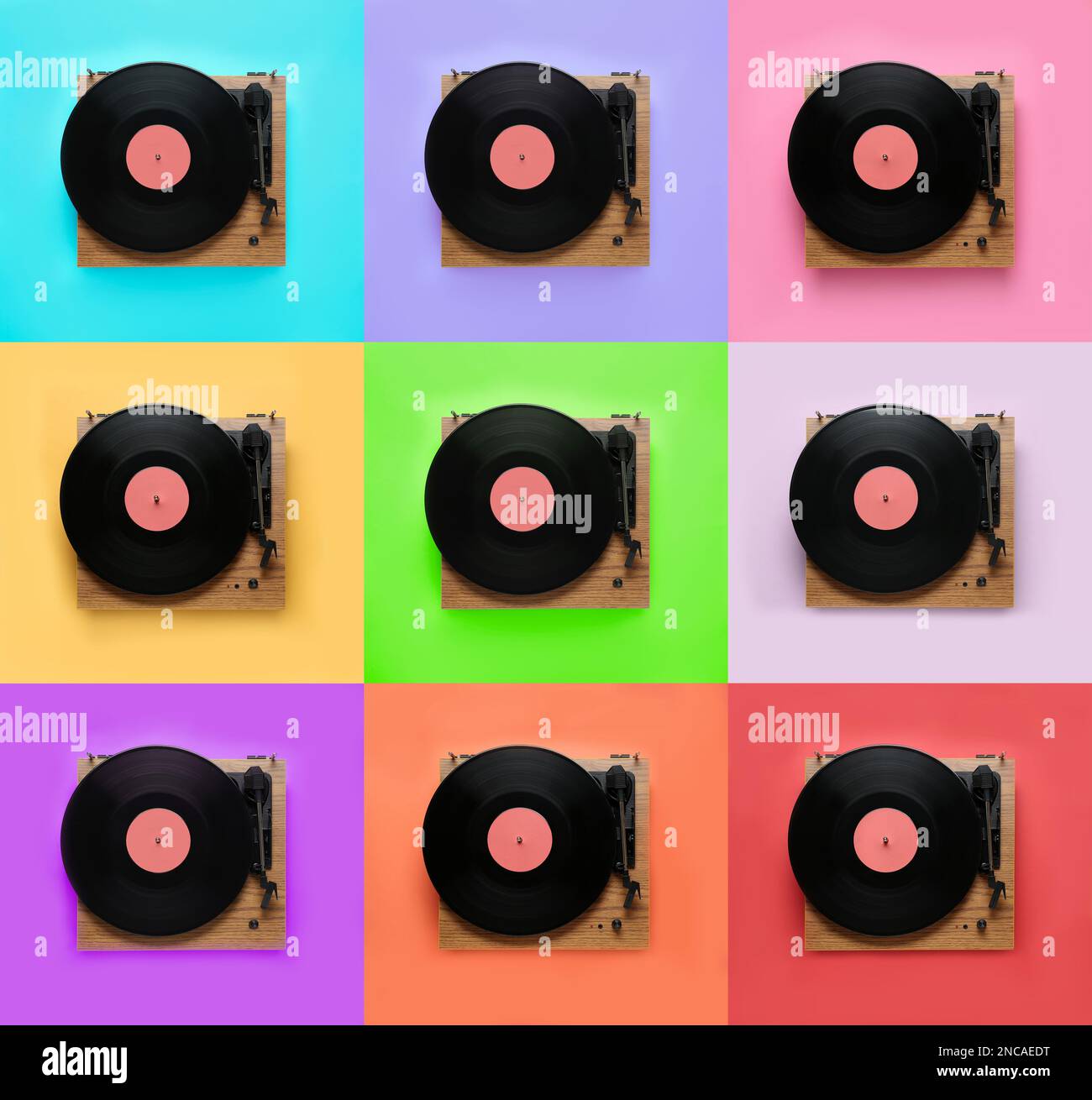 Collage of turntables with vinyl records on different color backgrounds ...