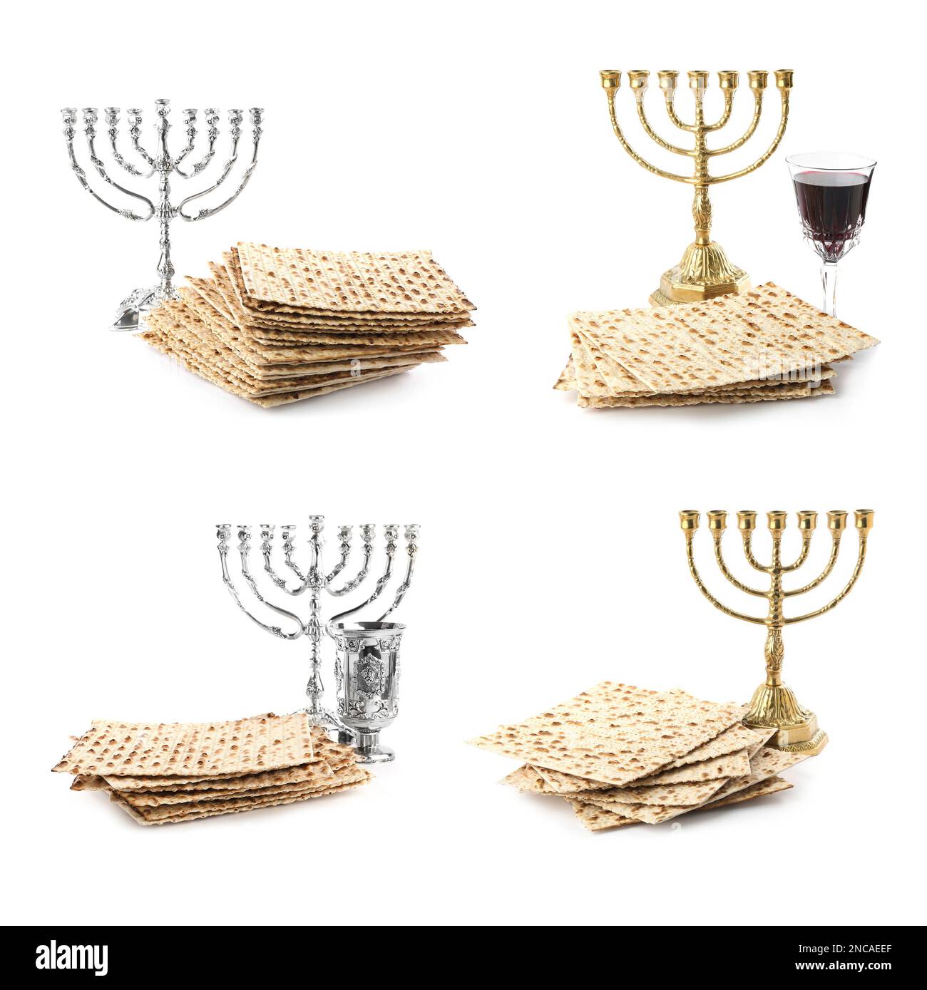Set with Passover matzos, wine and menorahs on white background. Pesach ...