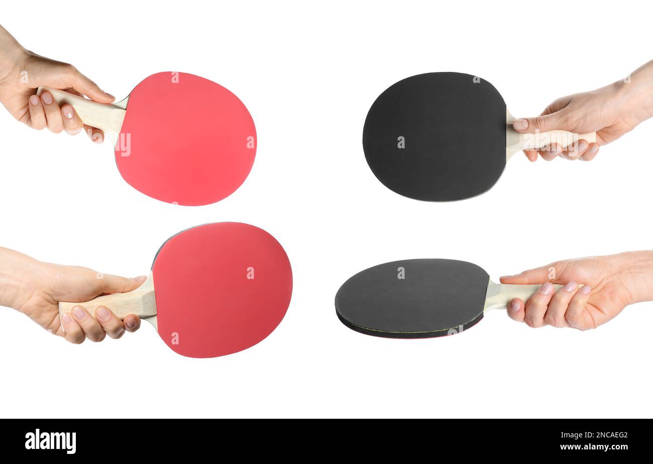 Closeup view of women with ping pong rackets on white background ...