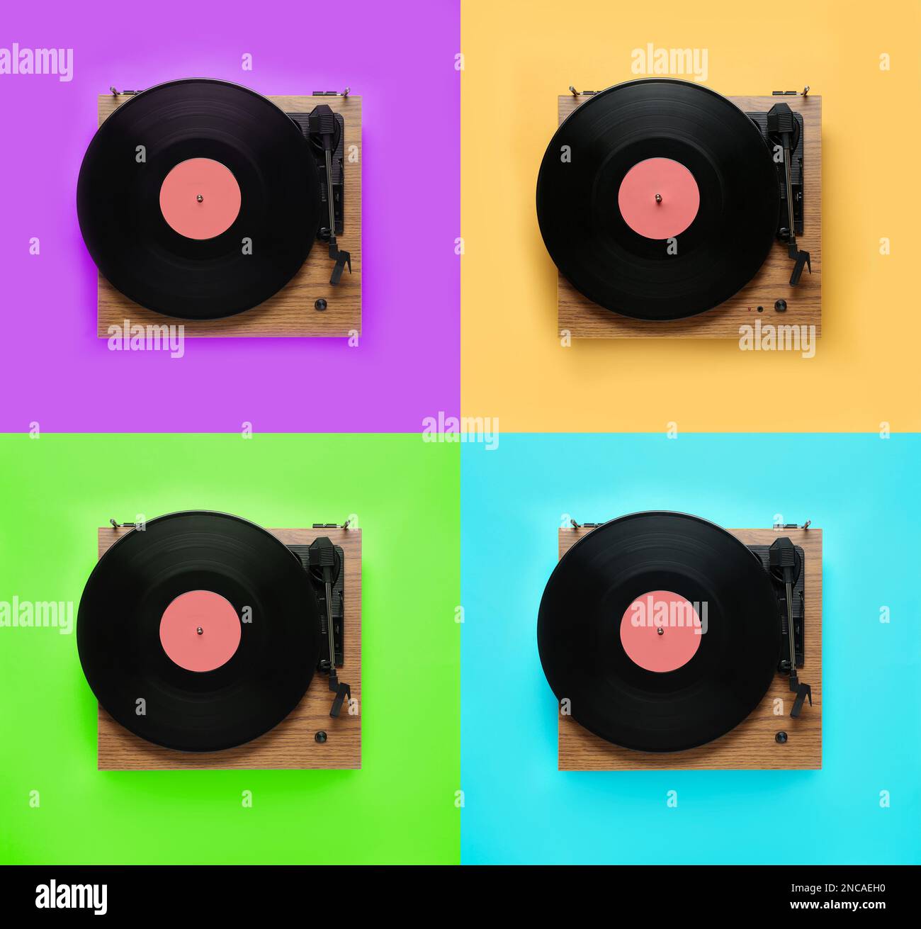 Collage of turntables with vinyl records on different color backgrounds ...