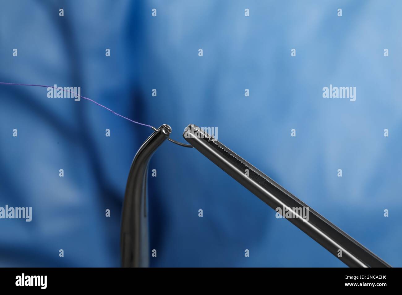 Forceps with suture thread on blue background, closeup. Medical ...