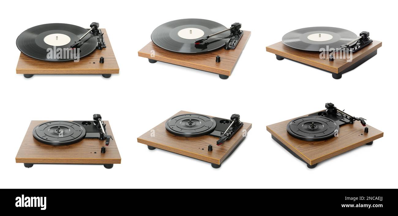 Turntables with vinyl records on white background, collage. Banner ...