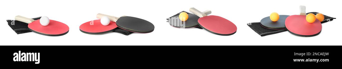 Set with ping pong rackets and balls on white background. Banner design ...