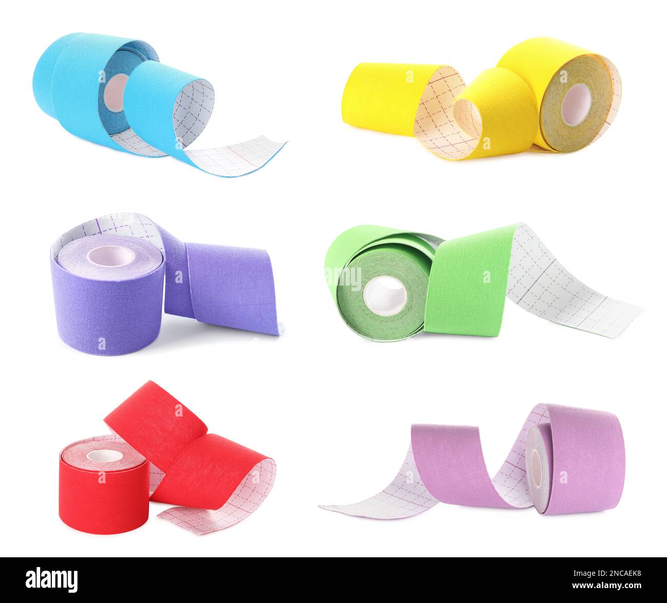 Set with different color kinesio tapes on white background Stock Photo ...