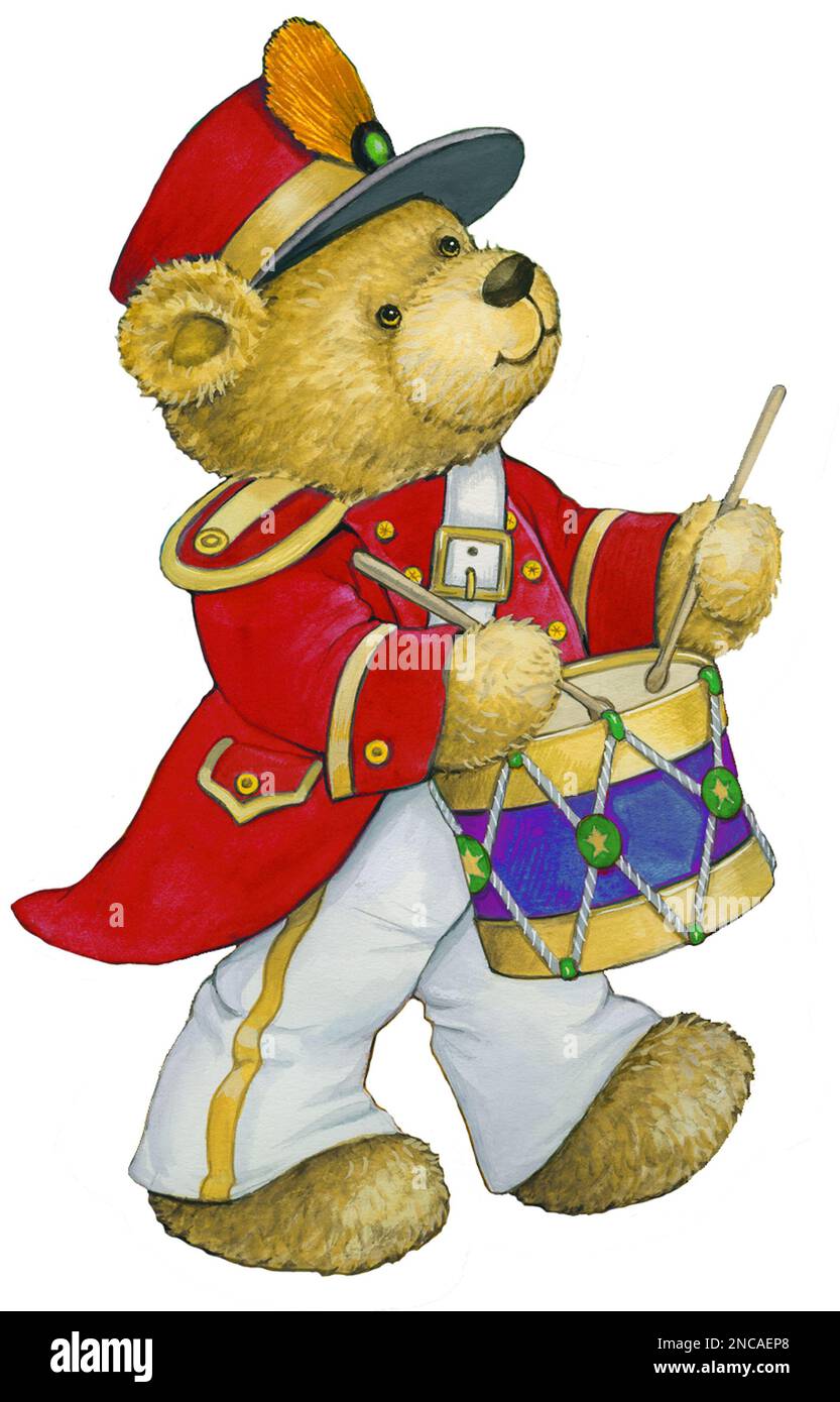Teddy bear marching dressed as a drummer boy on white Stock Photo - Alamy