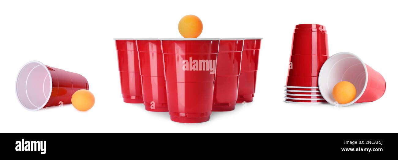 Beer pong. Set with red plastic cups and balls on white background ...
