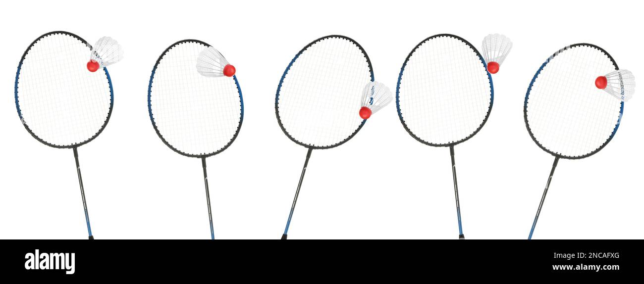 Set with badminton rackets and shuttlecocks on white background. Banner ...