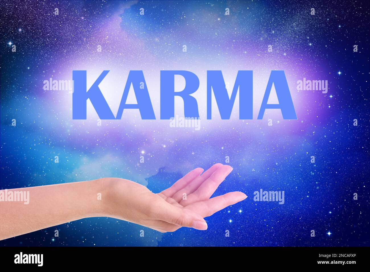 Karma concept. Woman against starry sky in night, closeup of hand Stock ...