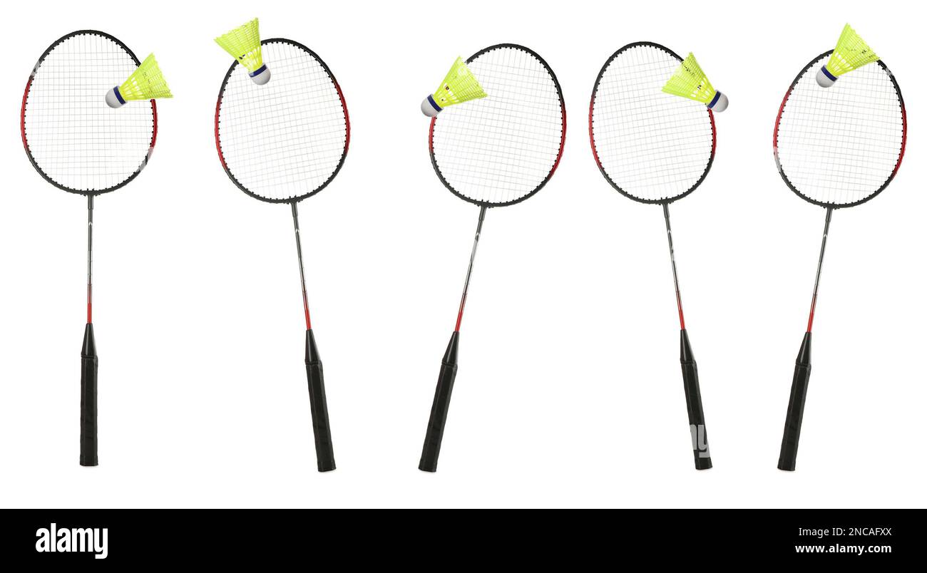 Set with badminton rackets and shuttlecocks on white background. Banner ...