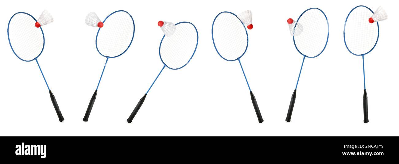 Set with badminton rackets and shuttlecocks on white background. Banner ...