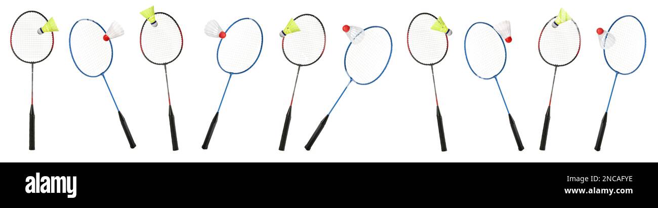 Set with badminton rackets and shuttlecocks on white background. Banner ...