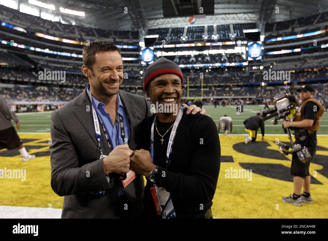 Actor Hugh Jackman, left, and former boxing champion Sugar Ray Leonard ...