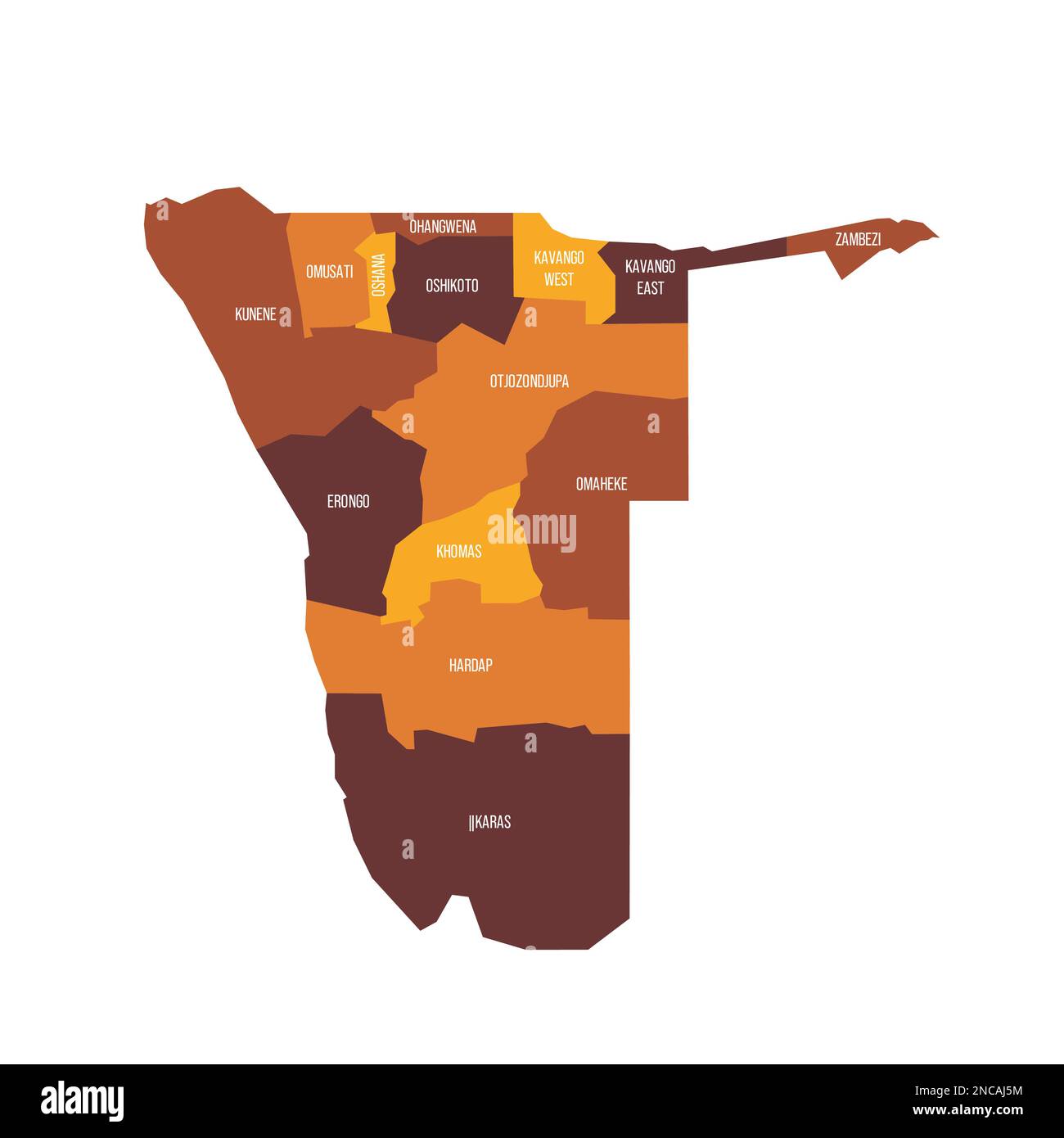 Namibia political map of administrative divisions - regions. Flat vector map with name labels ...
