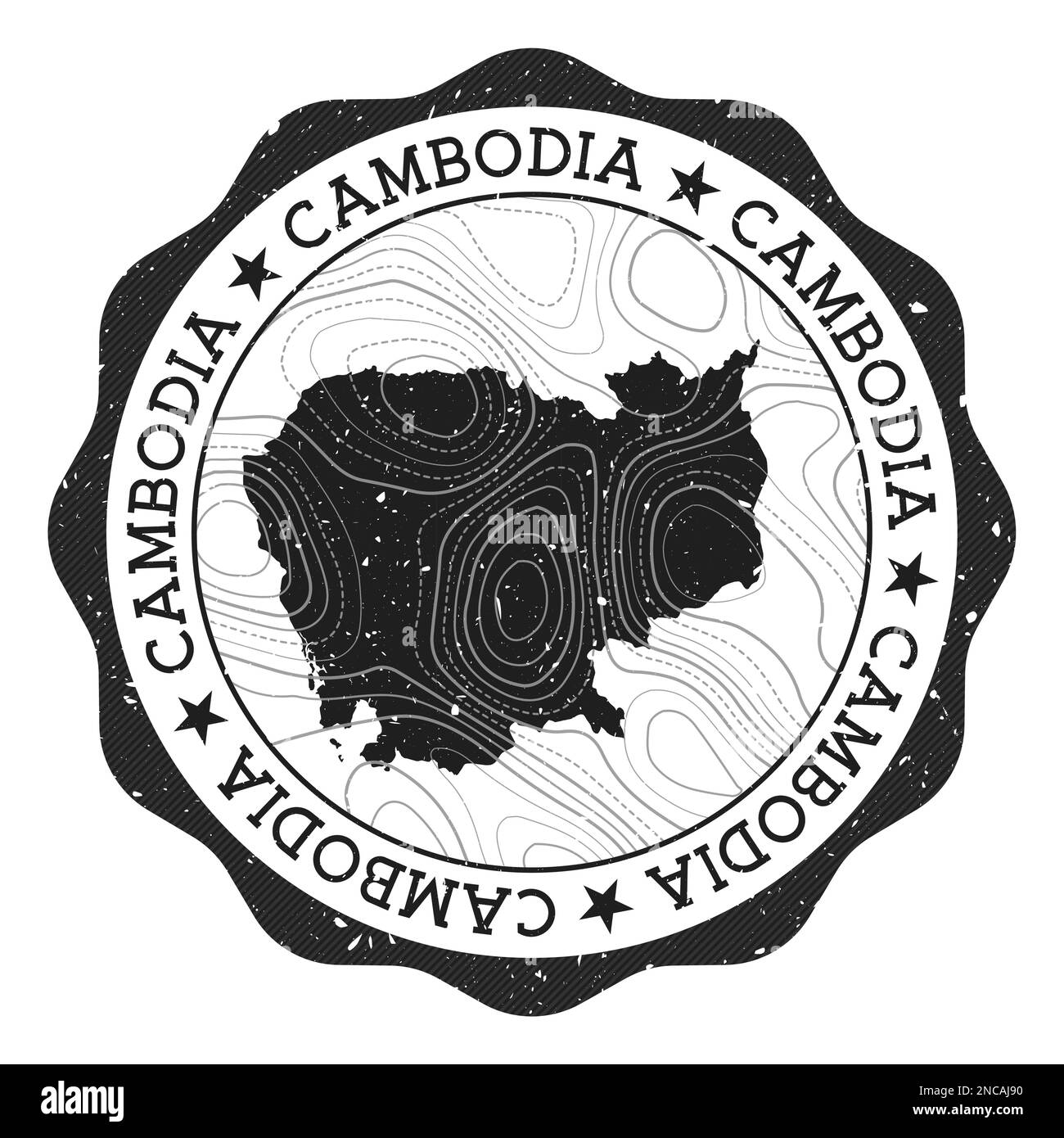 Cambodia outdoor stamp. Round sticker with map of country with ...