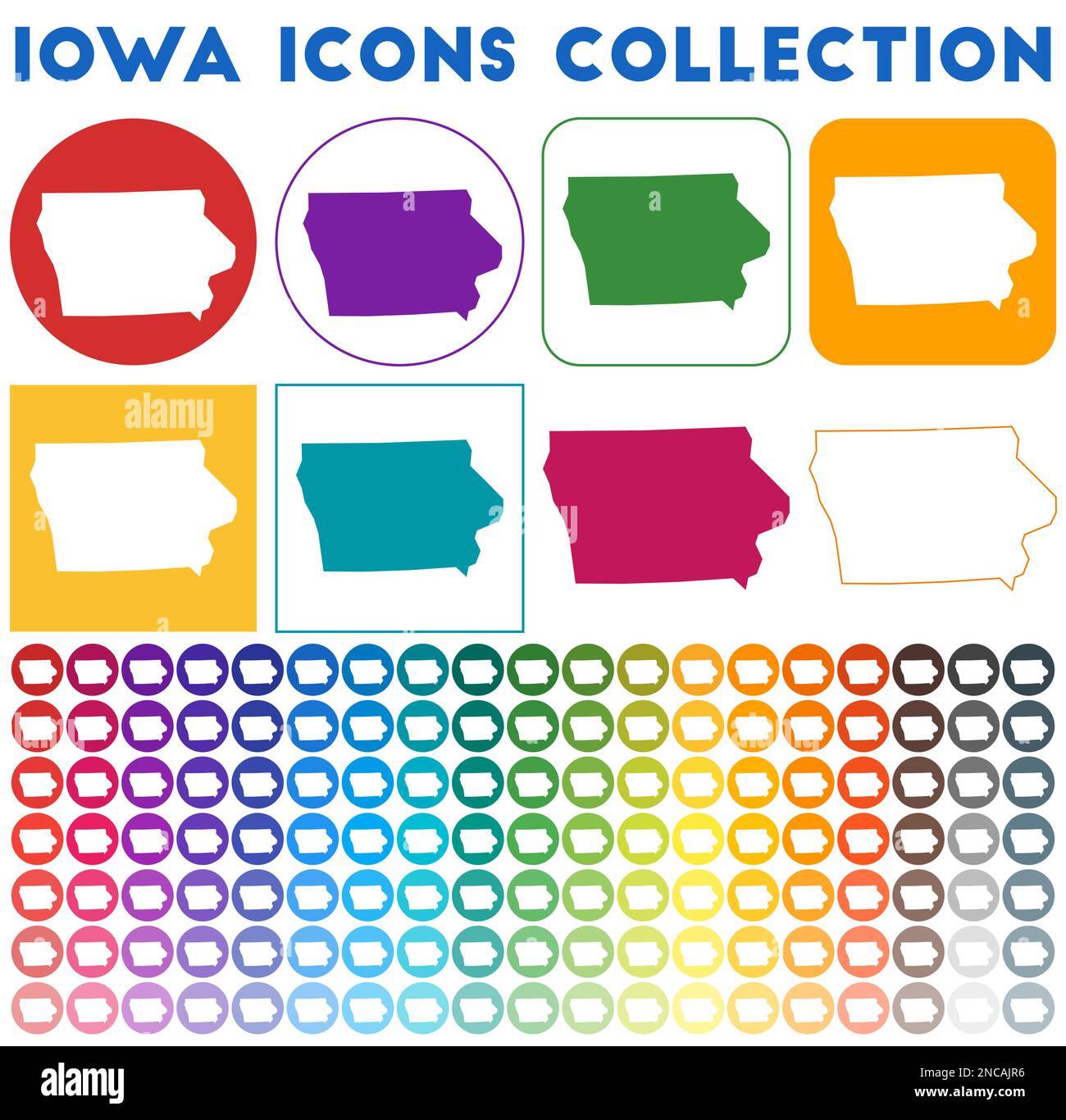 Iowa icons collection. Bright colorful trendy map icons. Modern Iowa badge with US state map ...