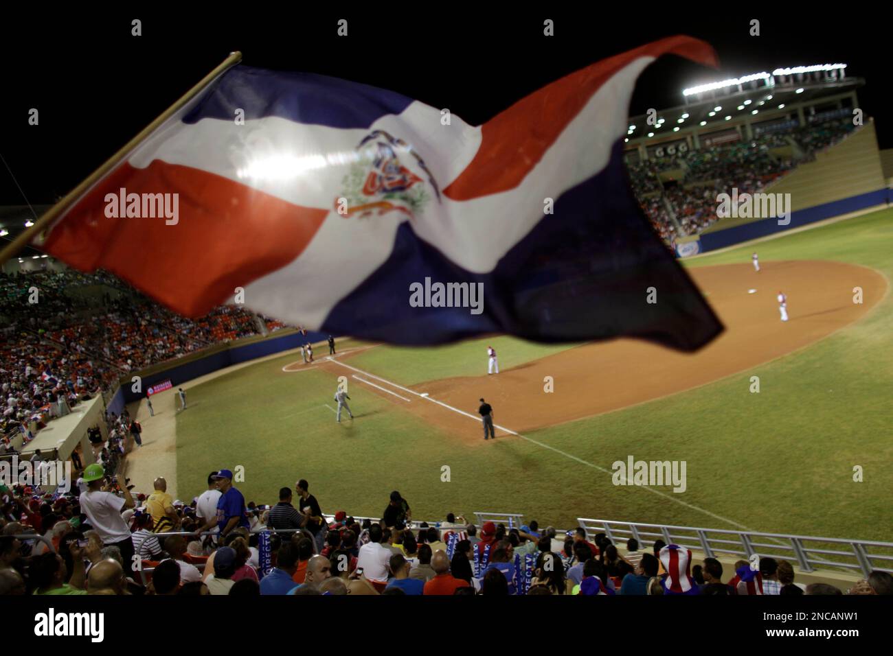 A fan waves a Dominican flag during a Caribbean Series baseball game ...