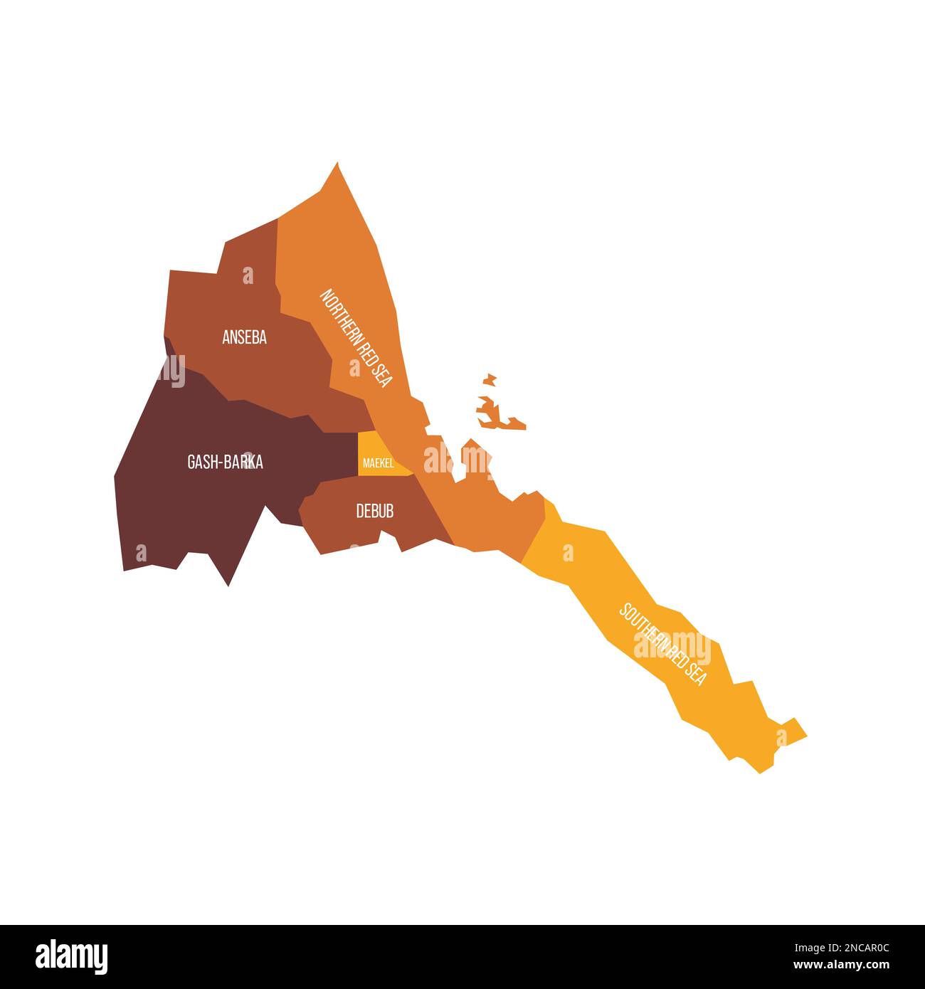 Eritrea political map of administrative divisions - regions. Flat vector map with name labels ...
